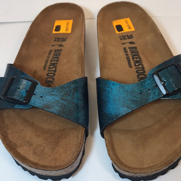 Birkenstock | Shoes | New Birkenstock Blue Metallic Slide Comfort ...